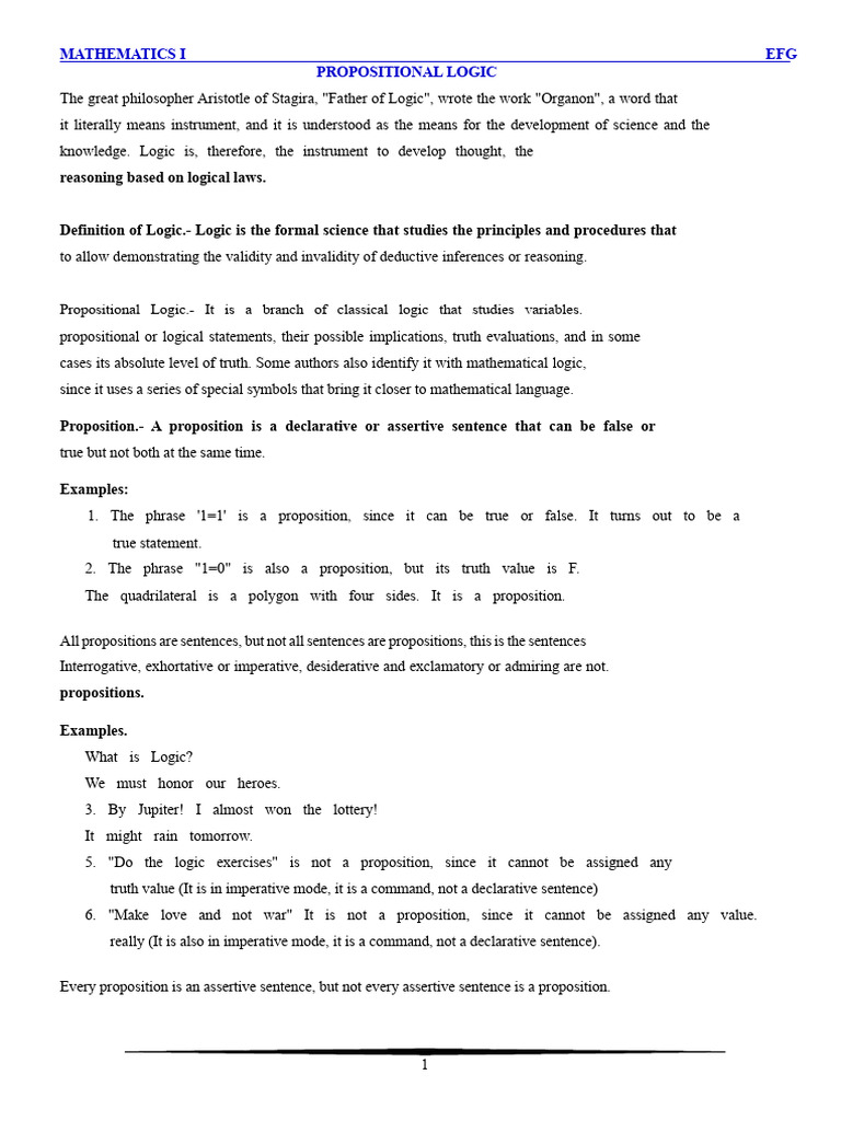 Mathematics I - Propositional Logic | PDF | Logic | Proposition