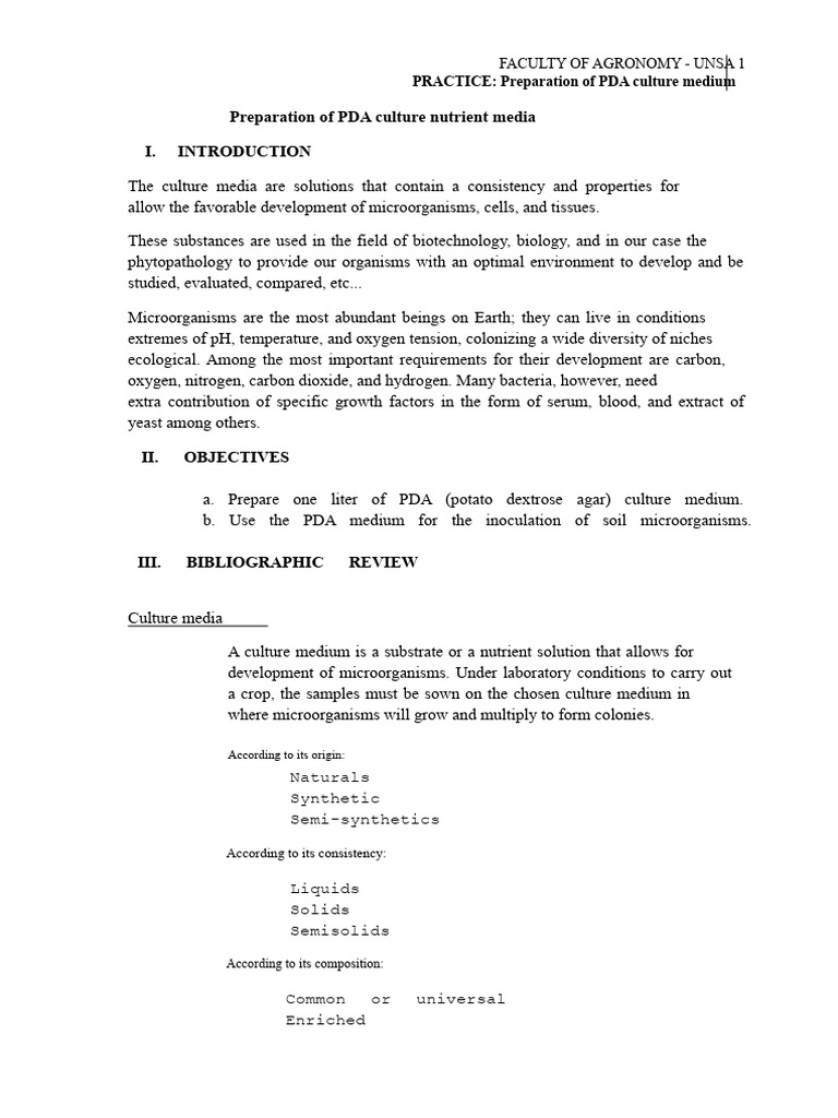 Preparation of Nutrient Culture Media PDA | PDF | Growth Medium | Bacteria