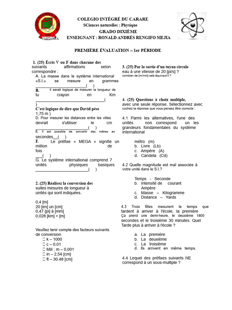 Évaluation de Physique en 10e Année | PDF | Système international d ...