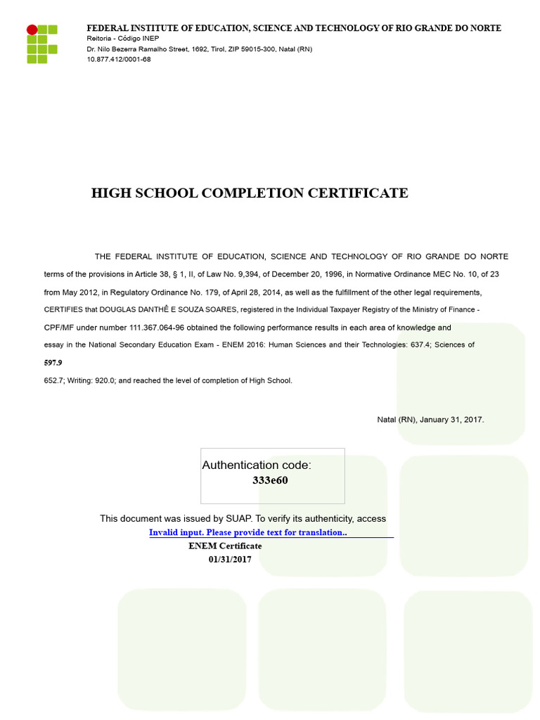 High School Completion Certificate ENEM | PDF