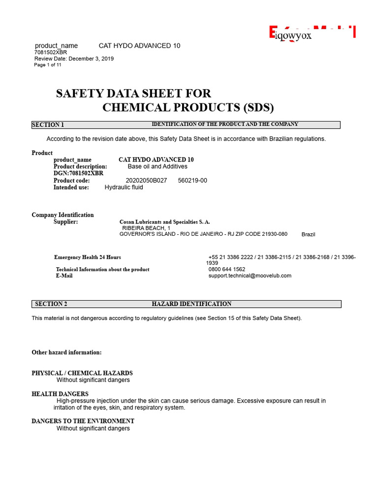 CAT HYDO ADVANCED 10 SDS Overview | PDF | Personal Protective Equipment ...