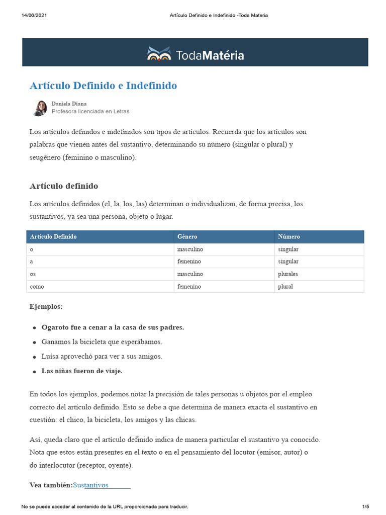 Artículo Definido e Indefinido - Toda Materia | PDF | Sustantivo ...