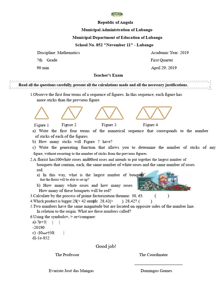 1st Mathematics Exam 7th Grade 2019 | PDF | Numbers | Discrete Mathematics