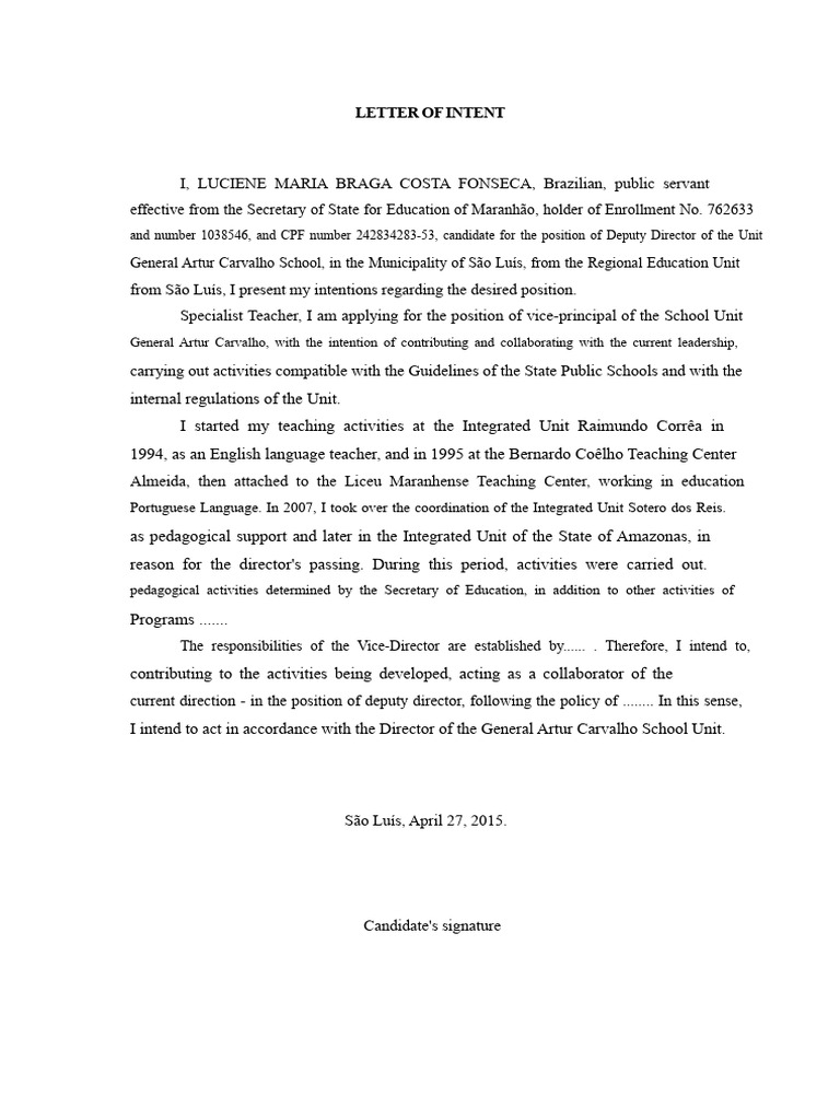 Letter of Intent for Vice-Principal Position | PDF
