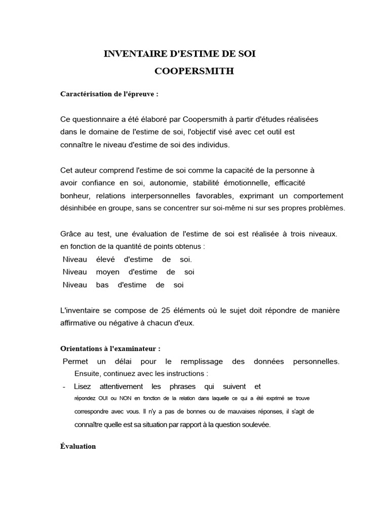 Inventaire d'estime de soi Coopersmith | PDF | Estime de soi | Cognition