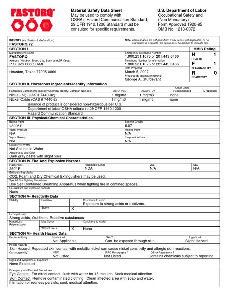 MSDS Fastorq 72 | PDF | Safety | Materials