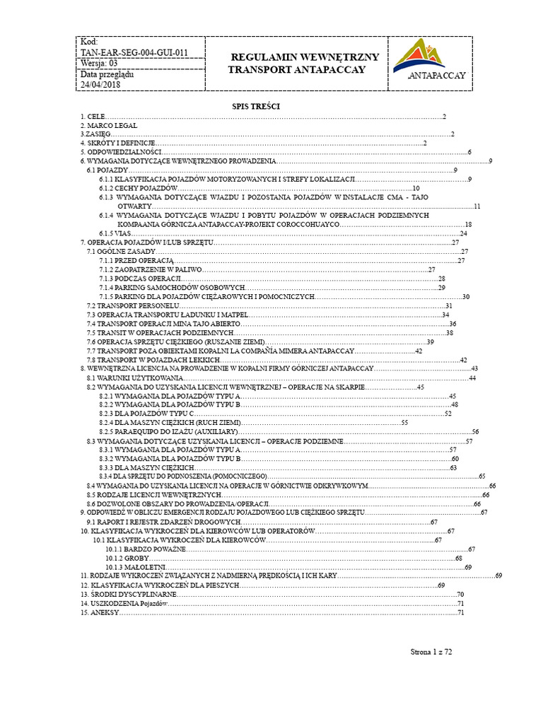Wewnętrzny Regulamin Transportu Antapaccay | PDF