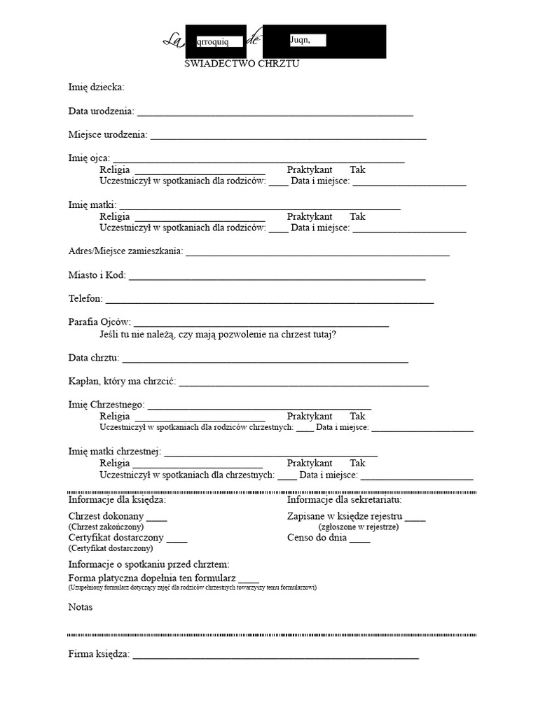 Chrzest - Formularz Rejestracyjny I Wymagania | PDF