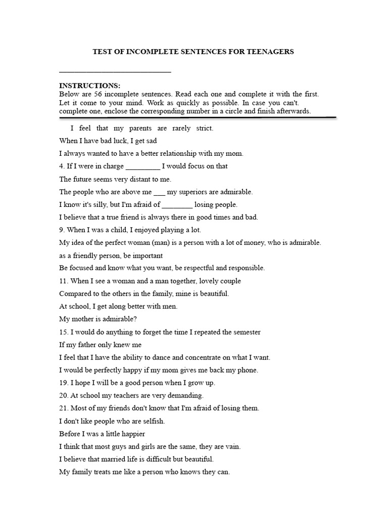 Incomplete Sentence Test For Teenagers | PDF | Adolescence | Emotions