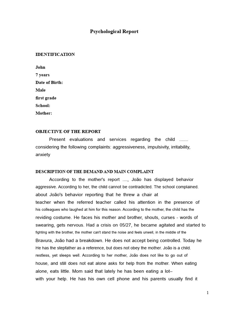 Psychological Evaluation Report - ADHD | PDF | Mental Disorder ...