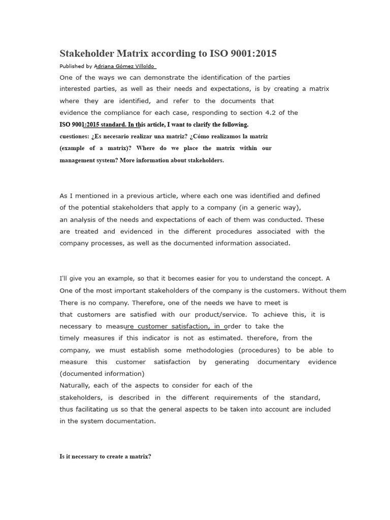 Stakeholder Matrix According To ISO 9001 | PDF | Information | Matrix ...
