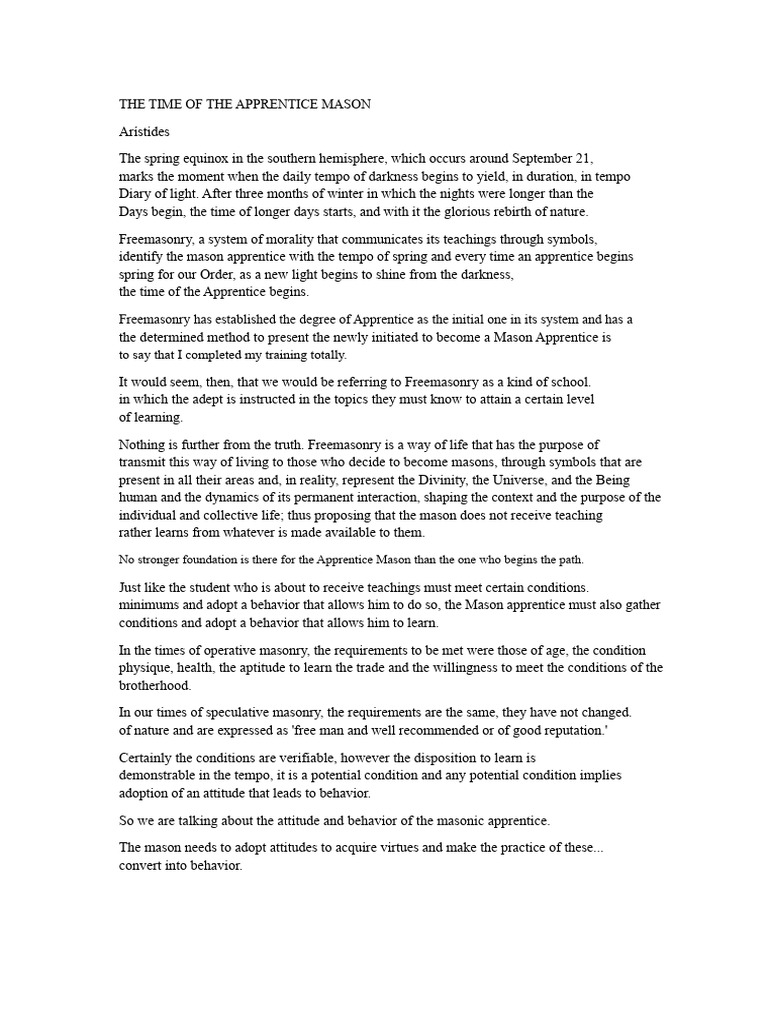 The Time of The Mason Apprentice | PDF | Freemasonry | Learning