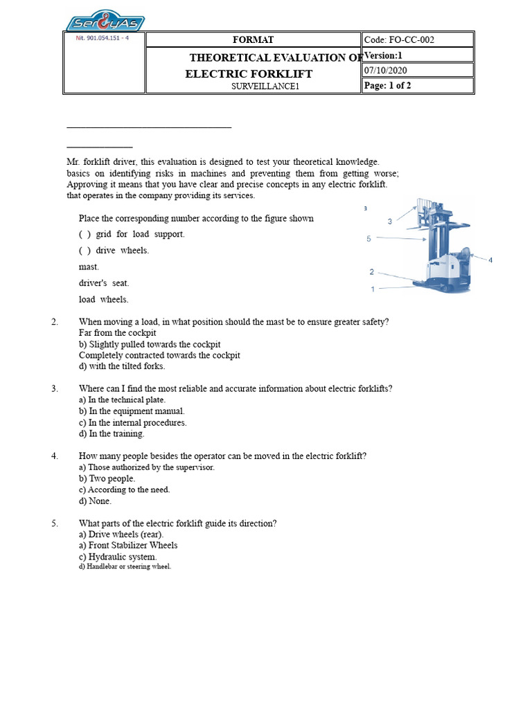 Electric Forklift Safety Evaluation Test | PDF | Forklift | Evaluation