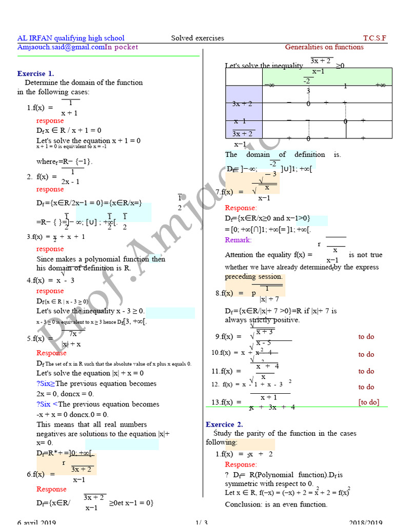 Functions Domain and Parity Exercises | PDF | Inequality (Mathematics ...