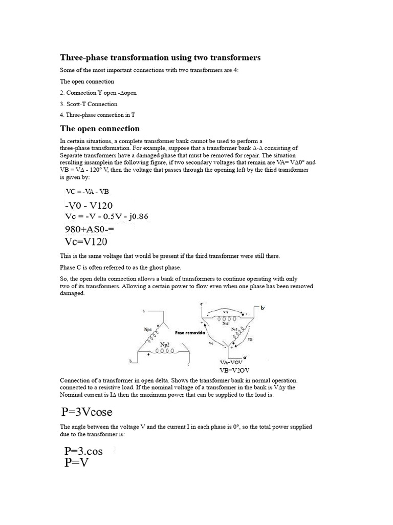 Open Delta Connection of Three-Phase Transformer Bank | PDF | Transformer | Ac Power
