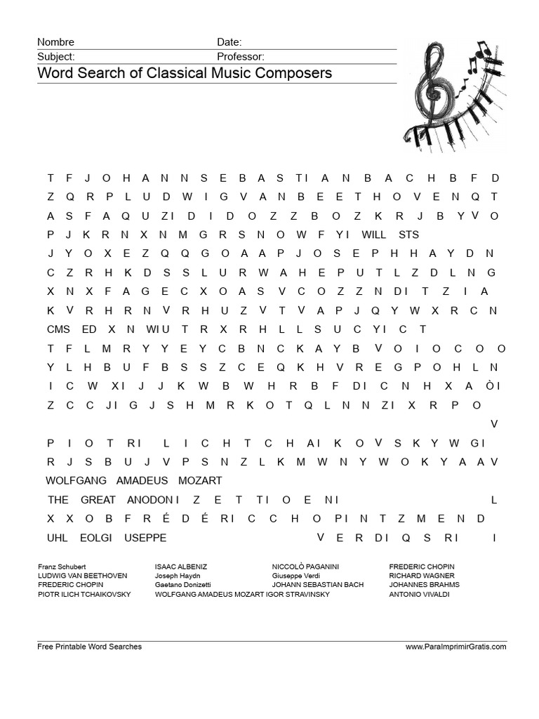 Classical Music Composers Word Search | PDF | Classical Music ...