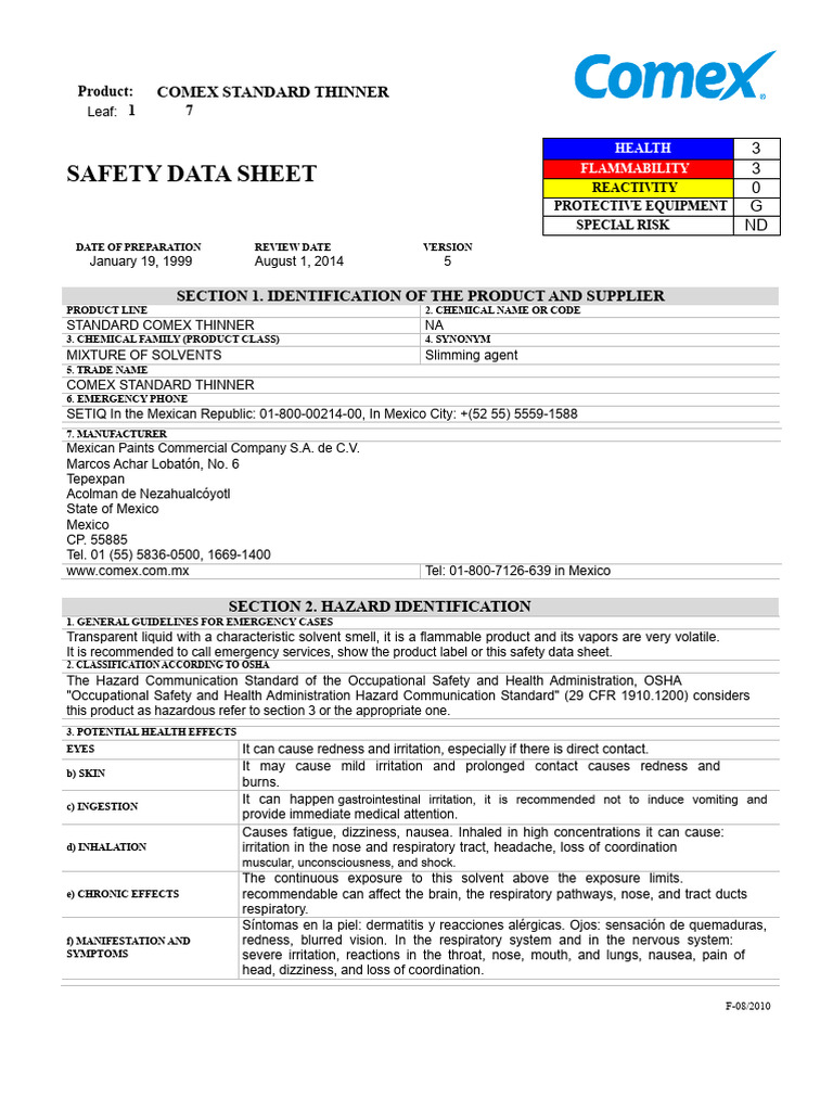 Comex Standard Thinner Safety Data Sheet | PDF | Water | Personal ...