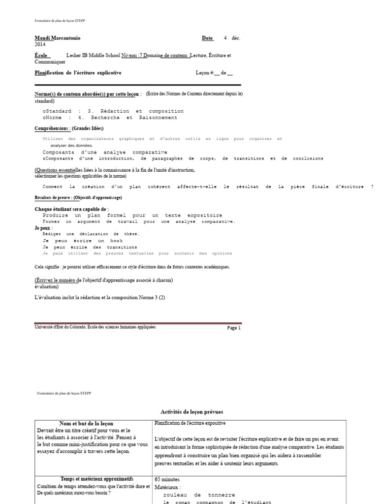 Plan de leçon : Écriture explicative 7ème | PDF