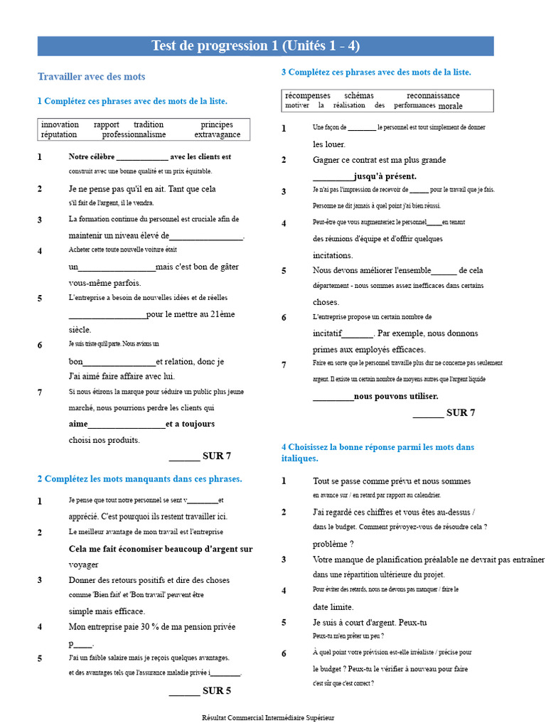 Test de progression sur le vocabulaire professionnel | PDF