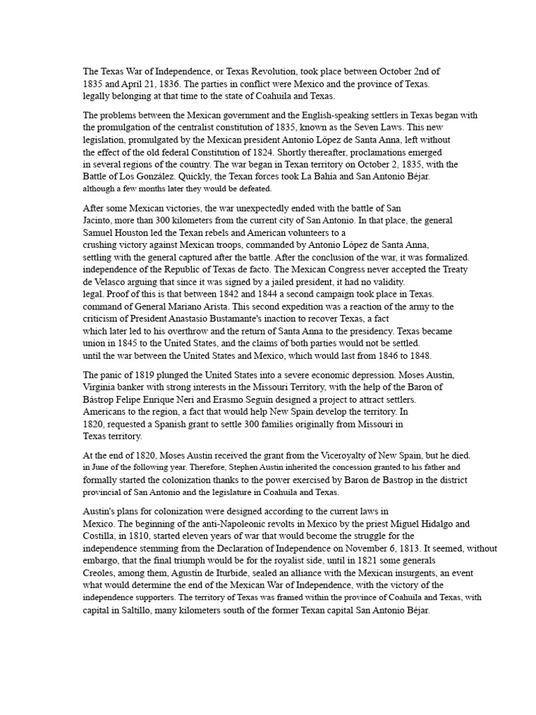 Texas War of Independence Overview | PDF | Mexican Texas | Texas Revolution