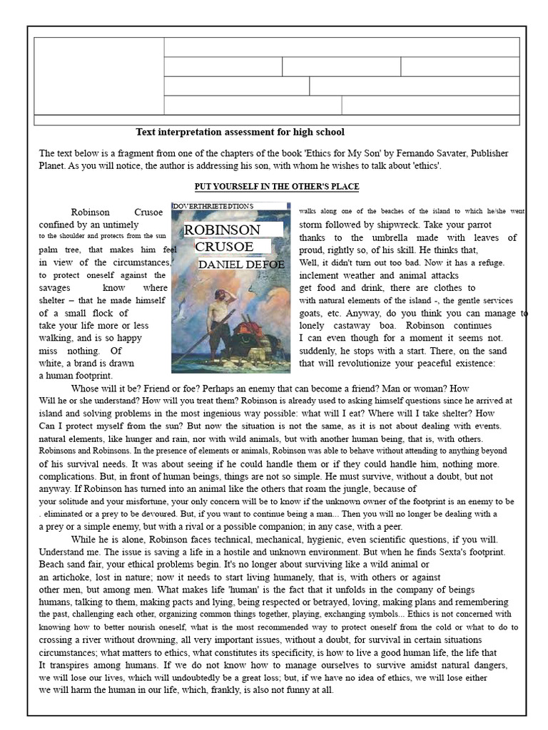 Text Interpretation Assessment For High School | PDF | Robinson Crusoe