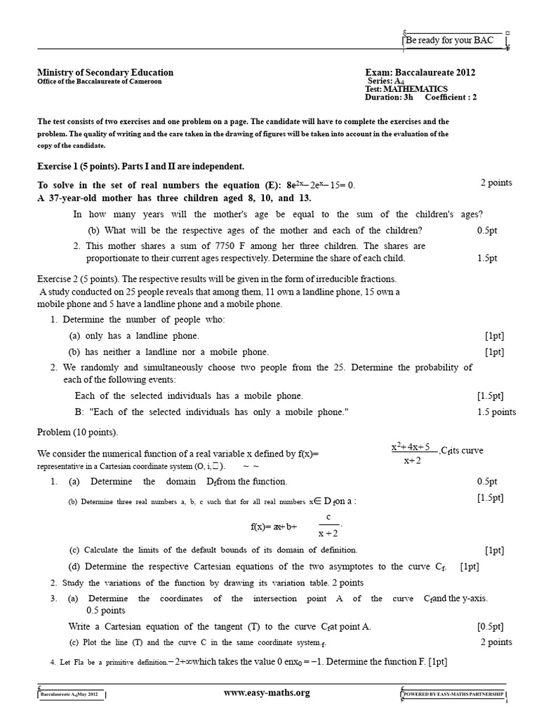 Bac Exam in 2012 | PDF | Function (Mathematics) | Equations