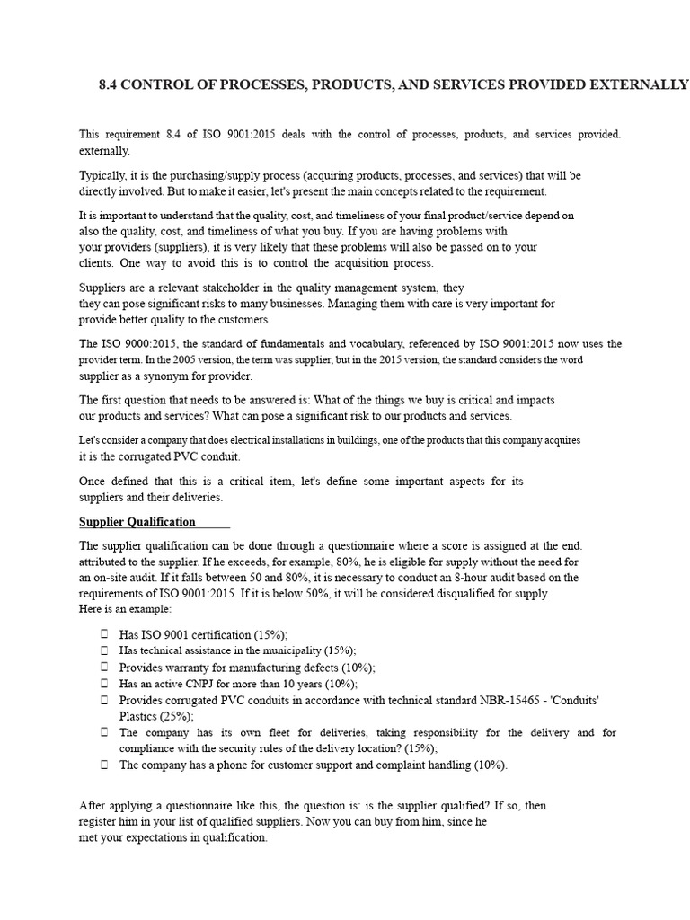 8.4 Control of Processes, Products, and Services Provided Externally | PDF | Business | Economies