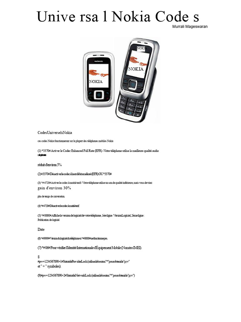 Codes utiles pour téléphones Nokia | PDF | Informatique