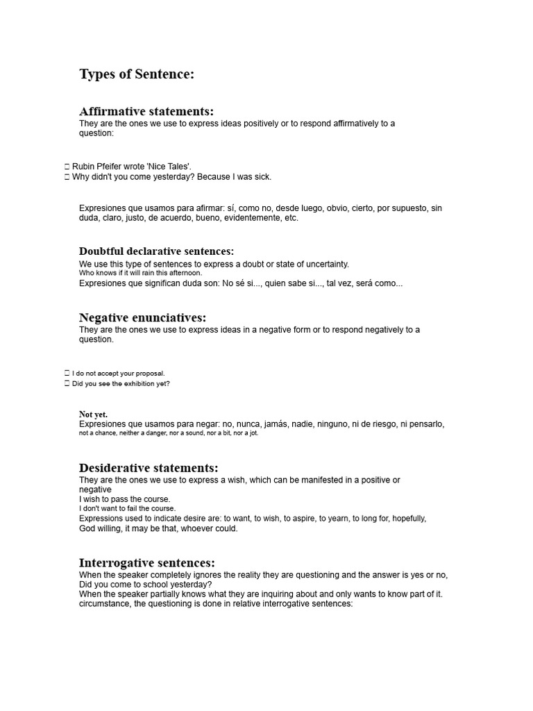Types of Sentence | PDF | Subject (Grammar) | Verb