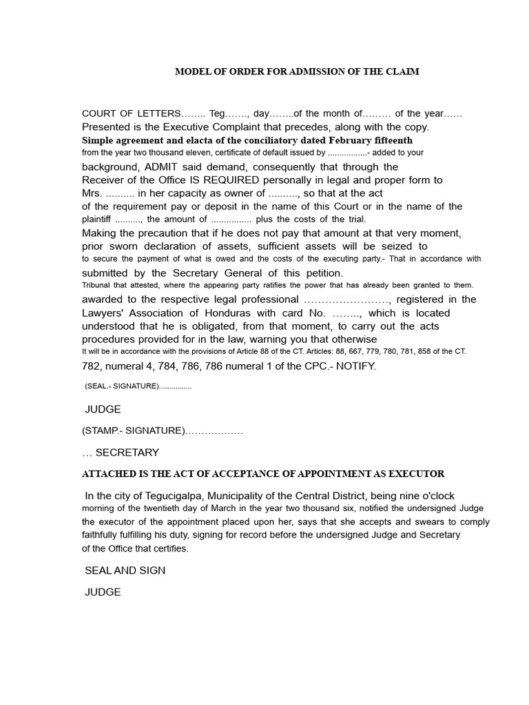 Model of Admission Order of The Claim and Other Orders | PDF | Lawsuit ...