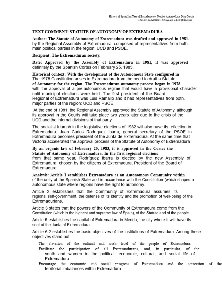 Statute of Autonomy of Extremadura | PDF | Spain | Government