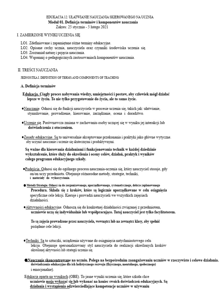 MODUŁ 01. Definicja Terminów I Komponenty Nauczania | PDF
