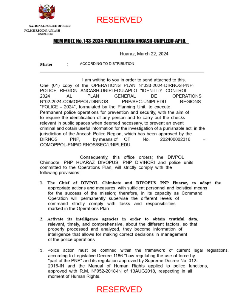 Operation Plan No. 033 Identity Control Regpol Ancash 2024 | PDF ...