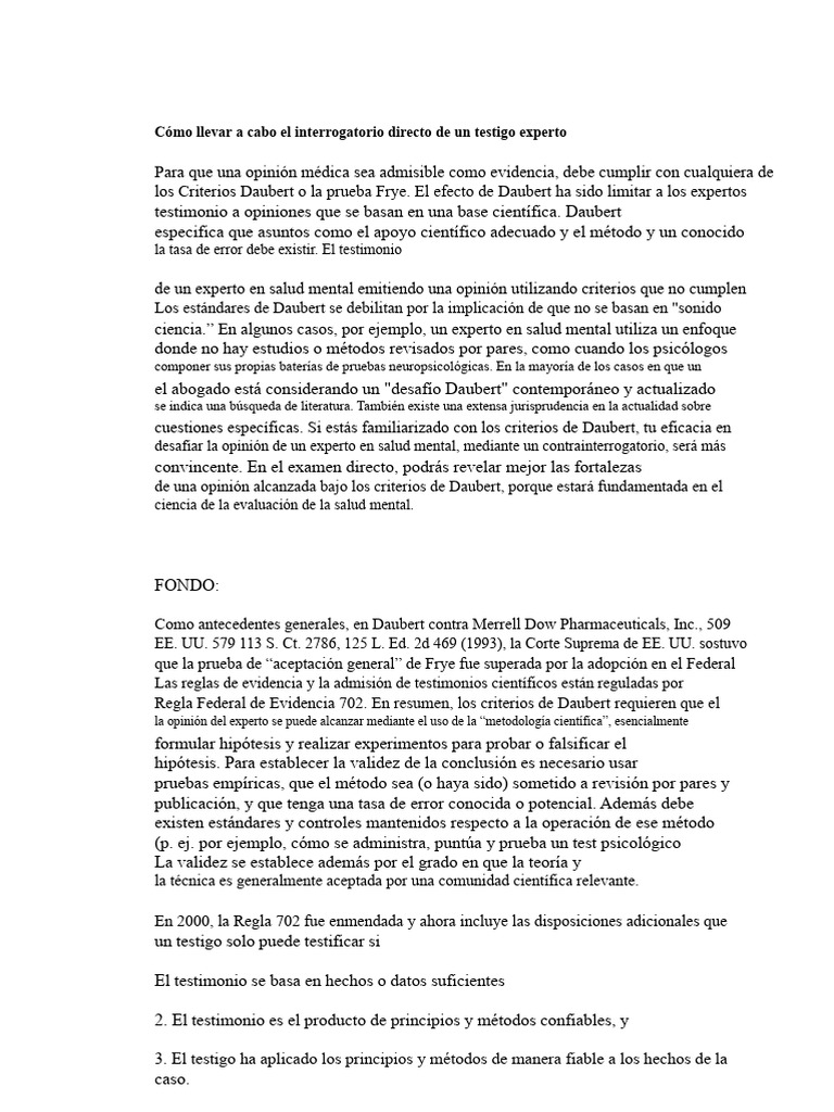 Interrogatorio de Testigos Expertos en Daubert | PDF | Método ...