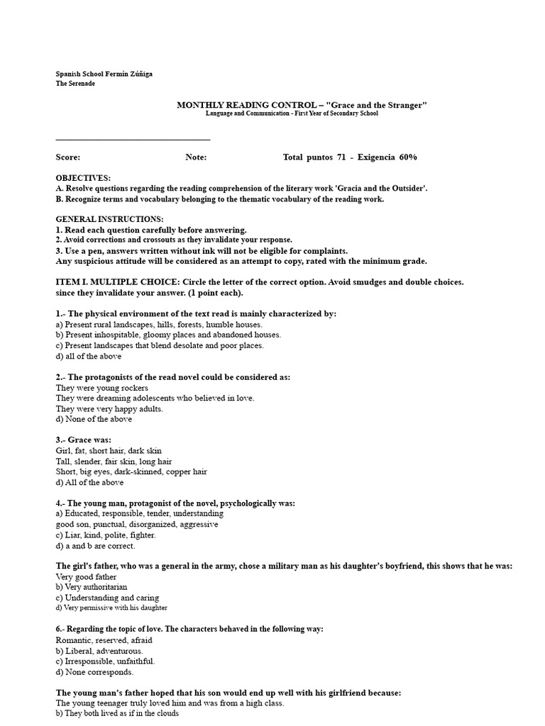 READING CONTROL GRACE AND THE STRANGER 1st Year of High School | PDF ...