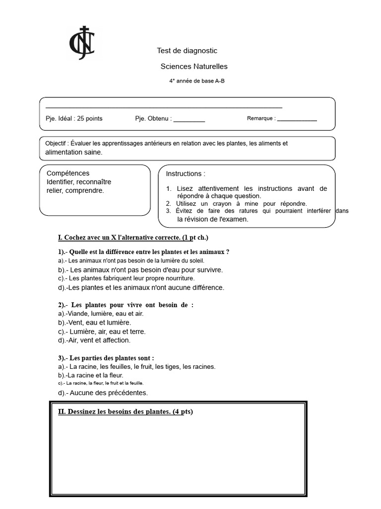 Test de Diagnostic de Sciences 4ème Année | PDF | Boisson | Fruit