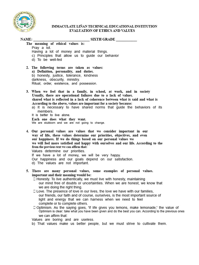 Ethics and Values Evaluation for Sixth Grade | PDF | Value (Ethics ...