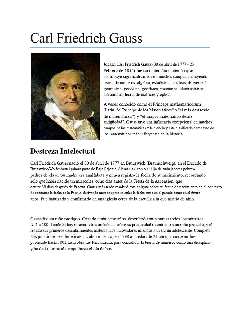 Vida y contribuciones de Carl Friedrich Gauss | PDF | Geometría ...