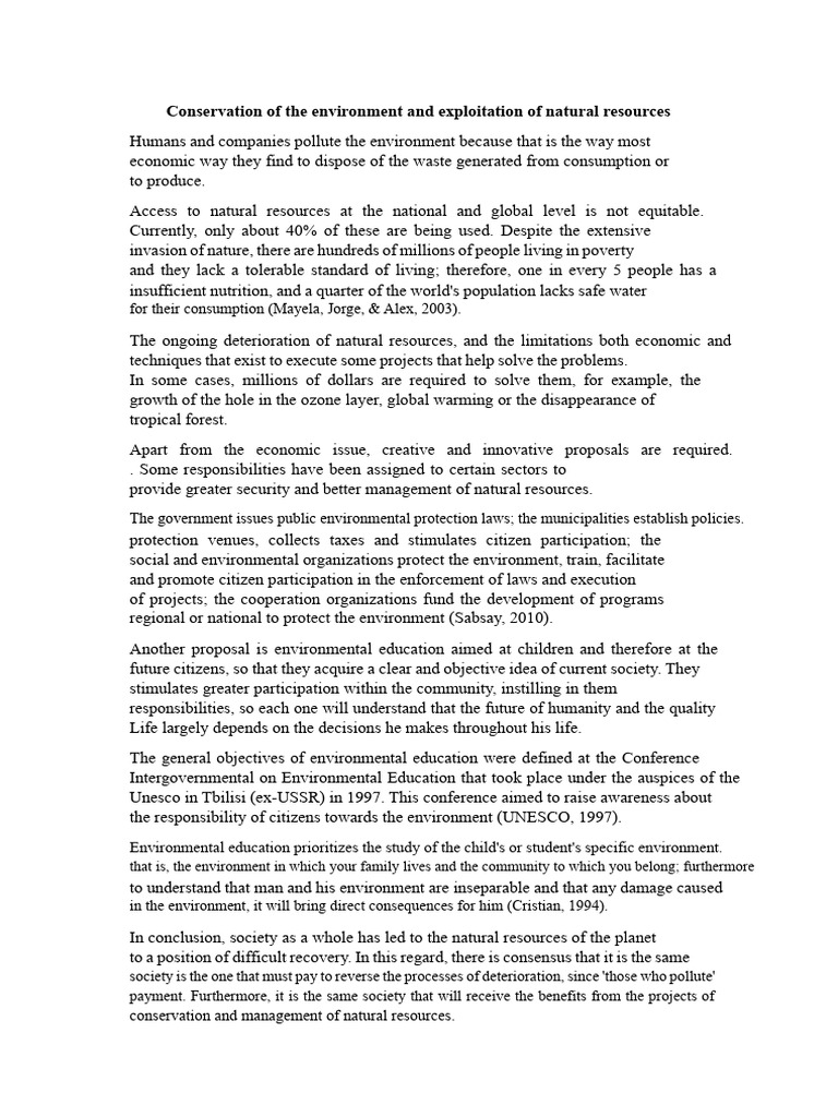 ESSAY Conservation of The Environment and Exploitation of Natural ...