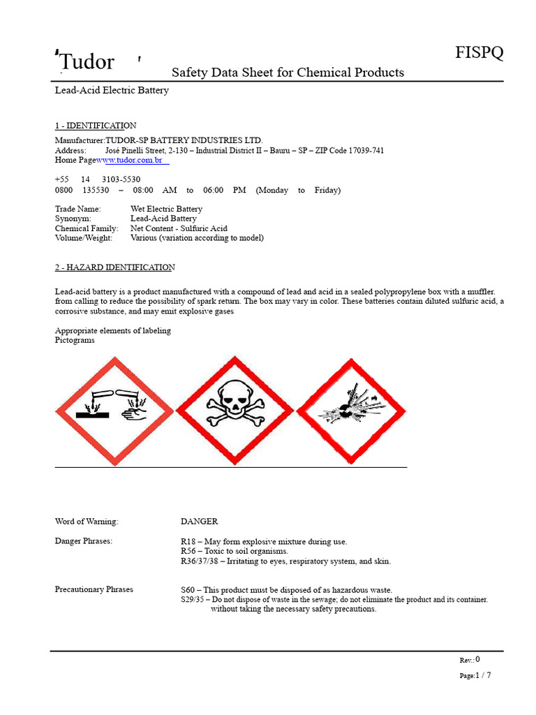 Lead-Acid Battery Safety Data Sheet | PDF | Sulfuric Acid | Lead