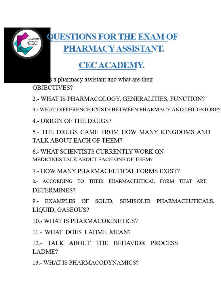 Pharmacy Assistant Exam Questions | PDF