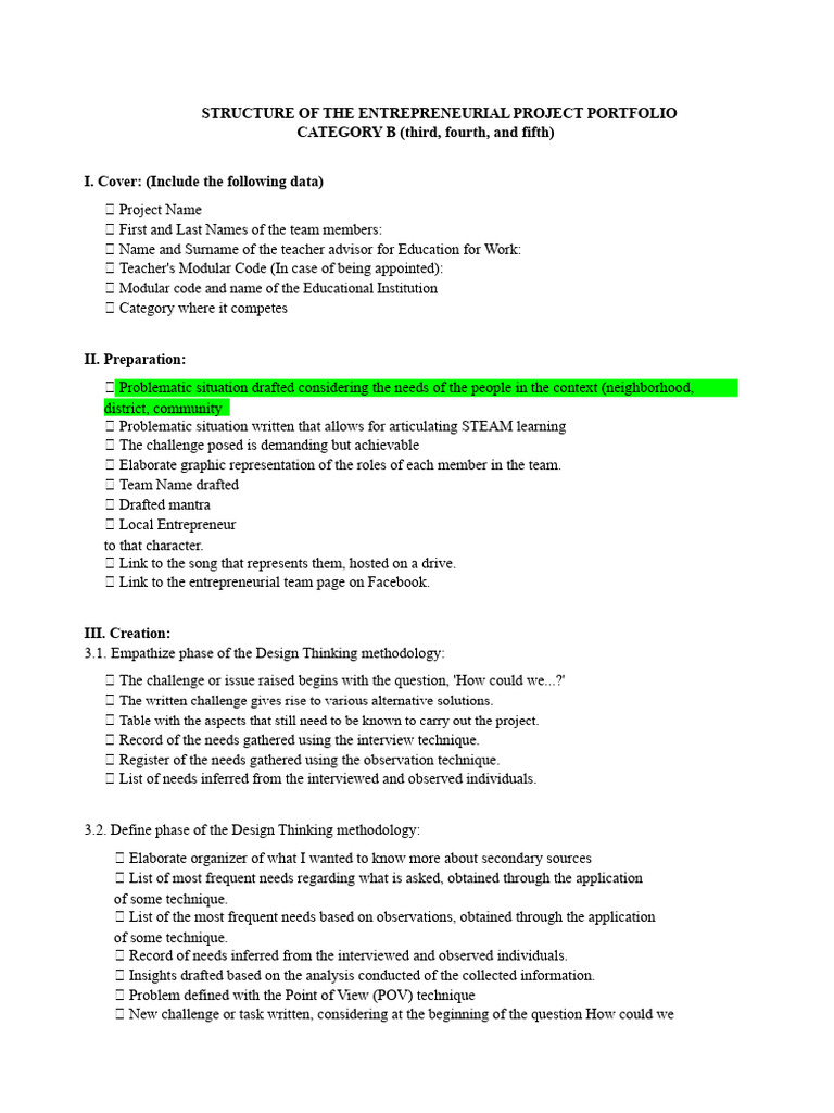Structure of The Entrepreneurship Project Portfolio For Third, Fourth ...