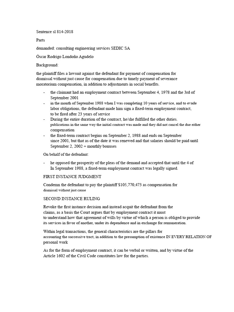 Summary of Contract Sentences | PDF | Lawsuit | Employment