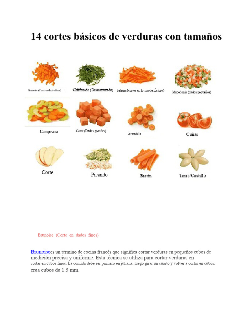 14 Cortes Básicos de Verduras y Usos | PDF | ensalada | Vegetales