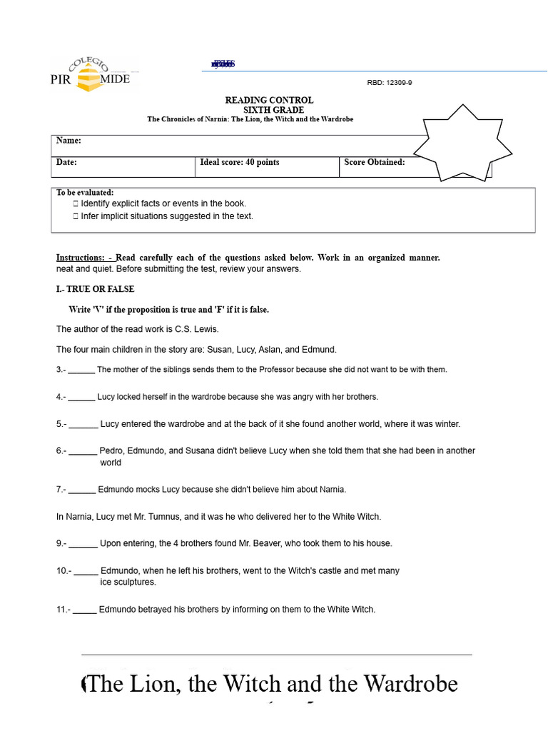 Narnia Reading Comprehension Test | PDF | The Chronicles Of Narnia | Aslan