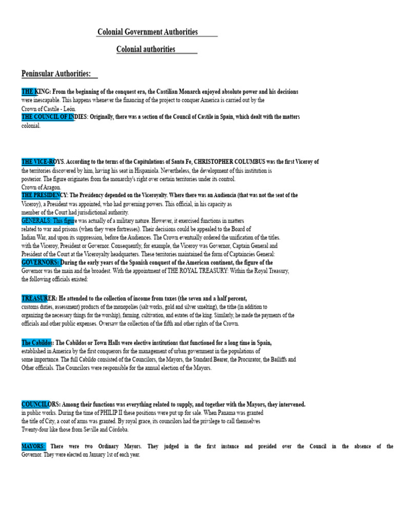 Authorities During The Colonial Government | PDF | Government | Spanish ...