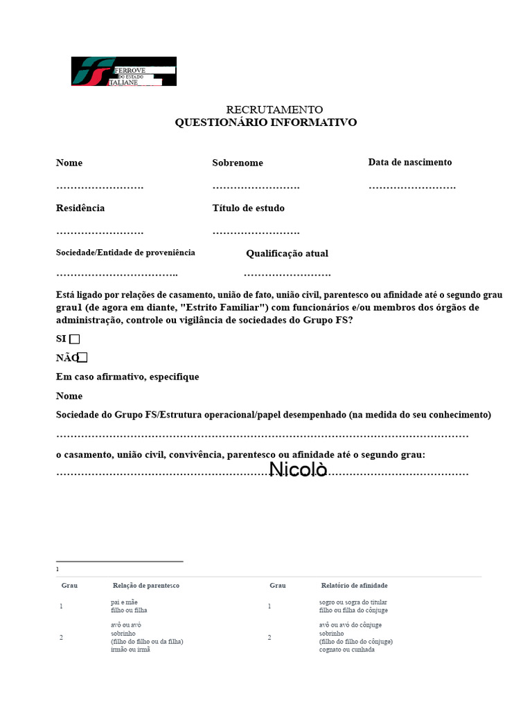 Questionário de Recrutamento e Informações | PDF | Parentesco | Casamento