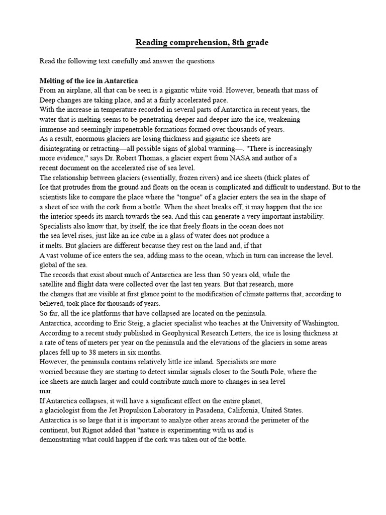 Reading Comprehension Eighth Grade | PDF | Ice | Glacier