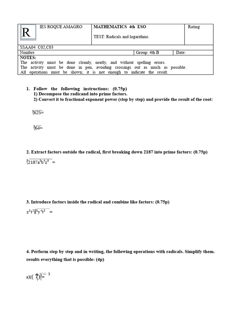 Exam 2 Radicals and Logarithms | PDF