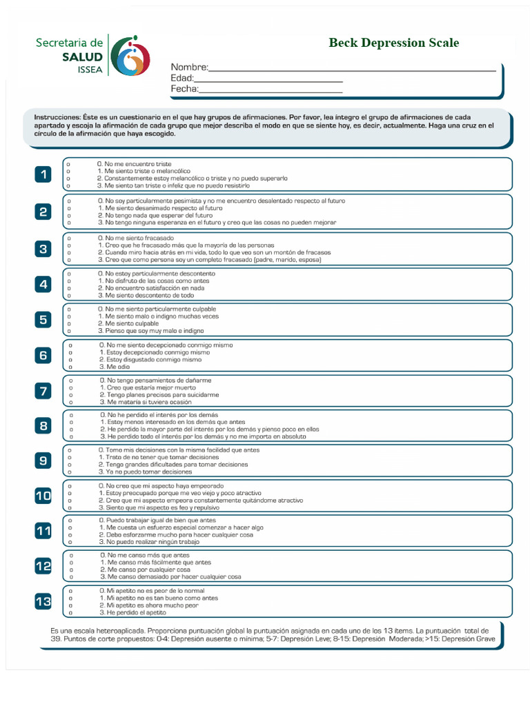 Beck Depression Scale | PDF